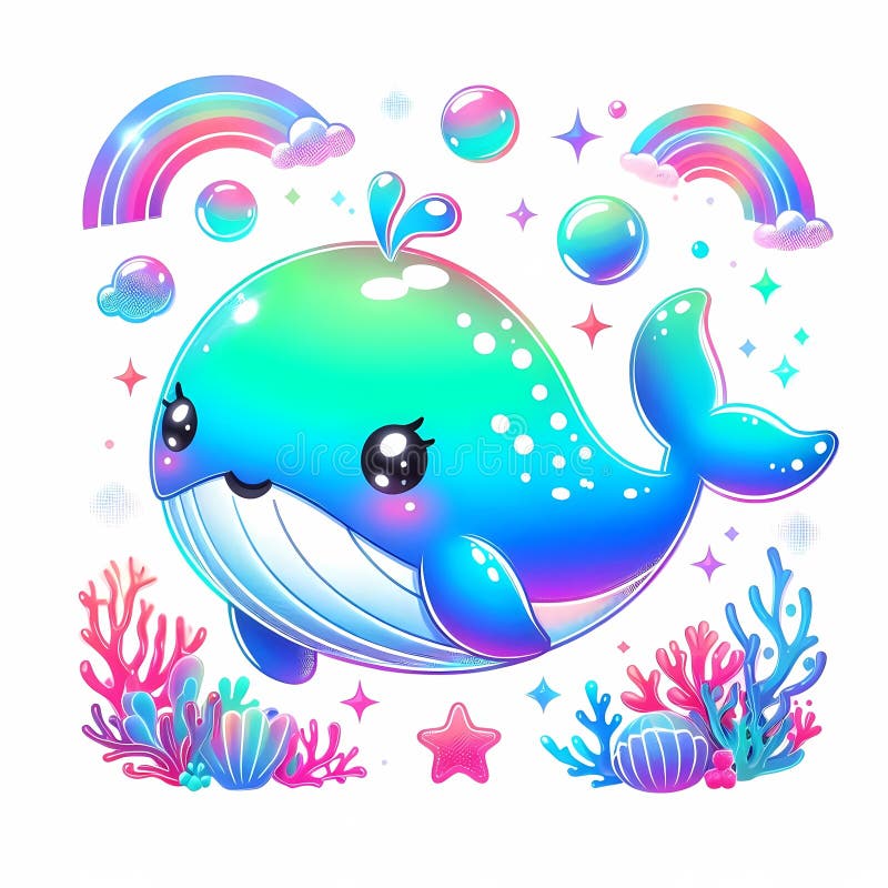 Cute Holographic Whale on White Background. AI Generated. Stock Illustration - Illustration of ...
