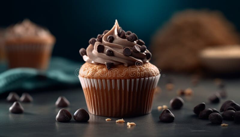 Cute Homemade Chocolate Chip Muffin on Rustic Wood Plate Generated by ...