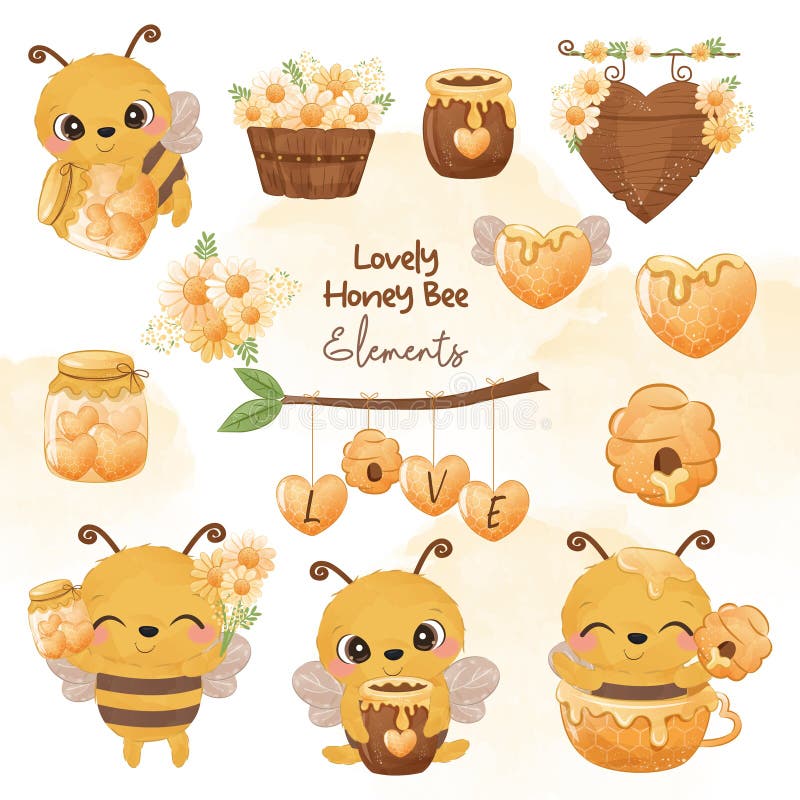 Cute Honey Bee Elements for Spring Decoration Stock Illustration ...