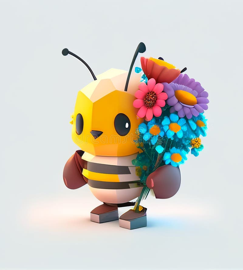 Cute Honey Bee Holding Flowers Cartoon, AI Generated Stock Illustration ...
