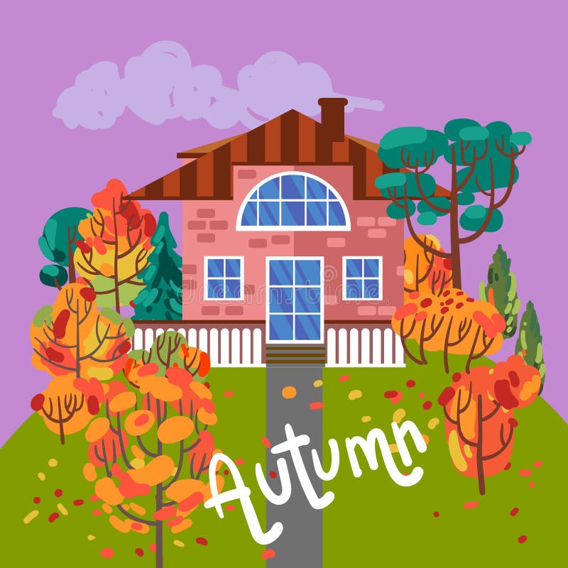 A Cute House among Autumn Bright Trees. Beautiful Vector Illustration ...