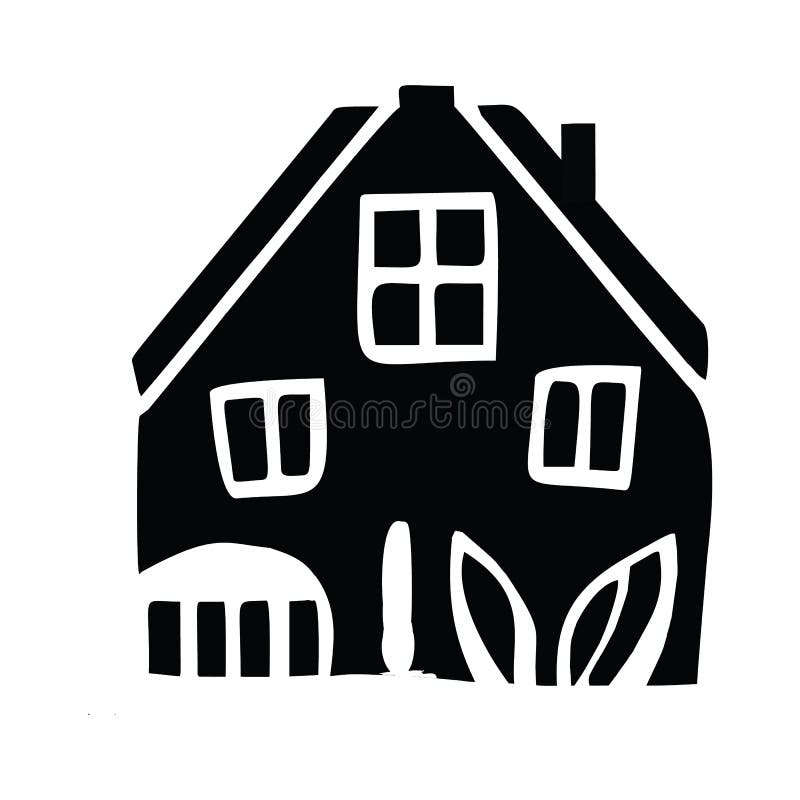 Cute House Blockprint Vector Illustration. Cottage Building Icon. Stock ...