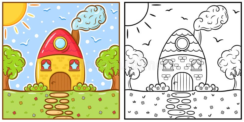 Cute House Drawing for Kids Colored Example and Simple Outlined Sketch ...