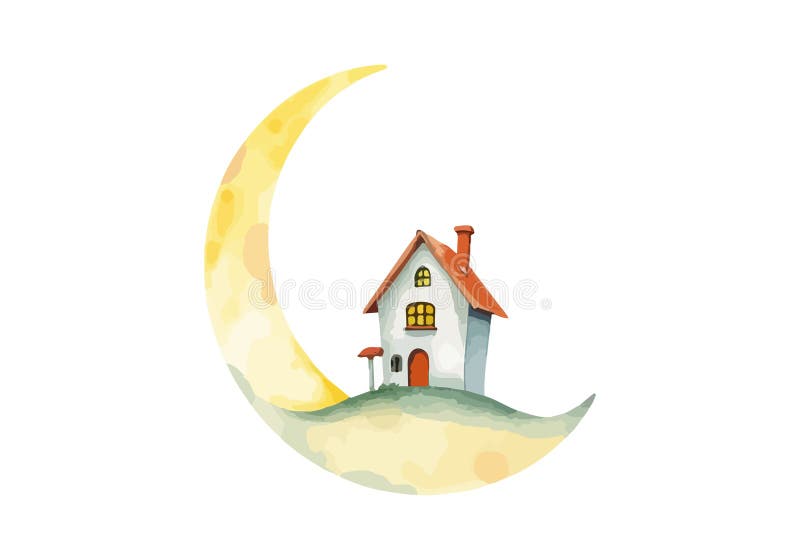 Cute House and the Moon Watercolor Vector Illustration. Stock ...