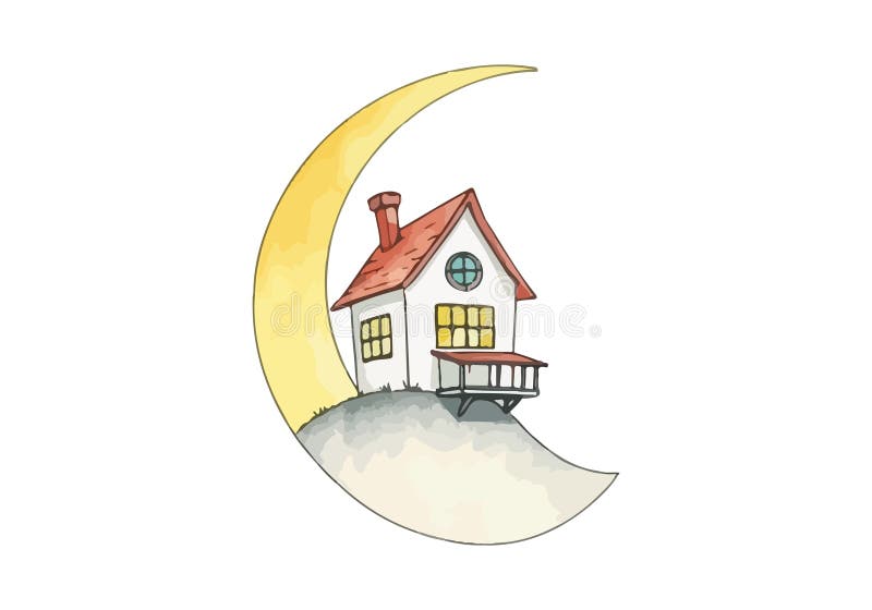 Cute House and the Moon Watercolor Vector Illustration. Stock ...