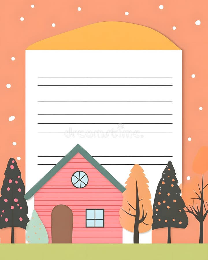 Cute House with Trees on Lined Paper Note Background Stock Illustration ...