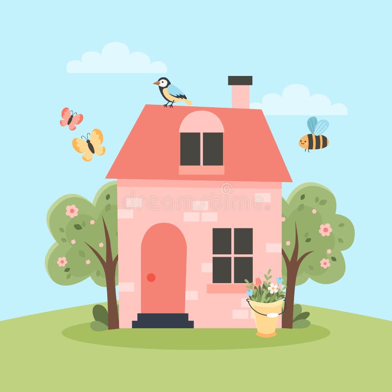 Cute House, Welcome Spring Card with Cute Elements. Hand Drawn Flat ...