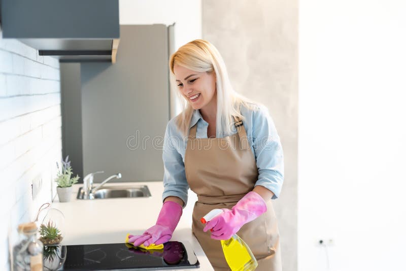 Cute Housewife Cleaning the Kitchen Cleaning the Kitchen Stock Image ...