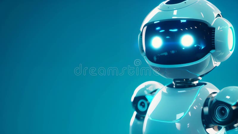 Cute Humanoid Robot with Glowing Blue Eyes Against a Blue Background ...