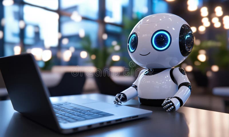 Cute Humanoid Robot Interacting with Laptop in Modern Workspace ...