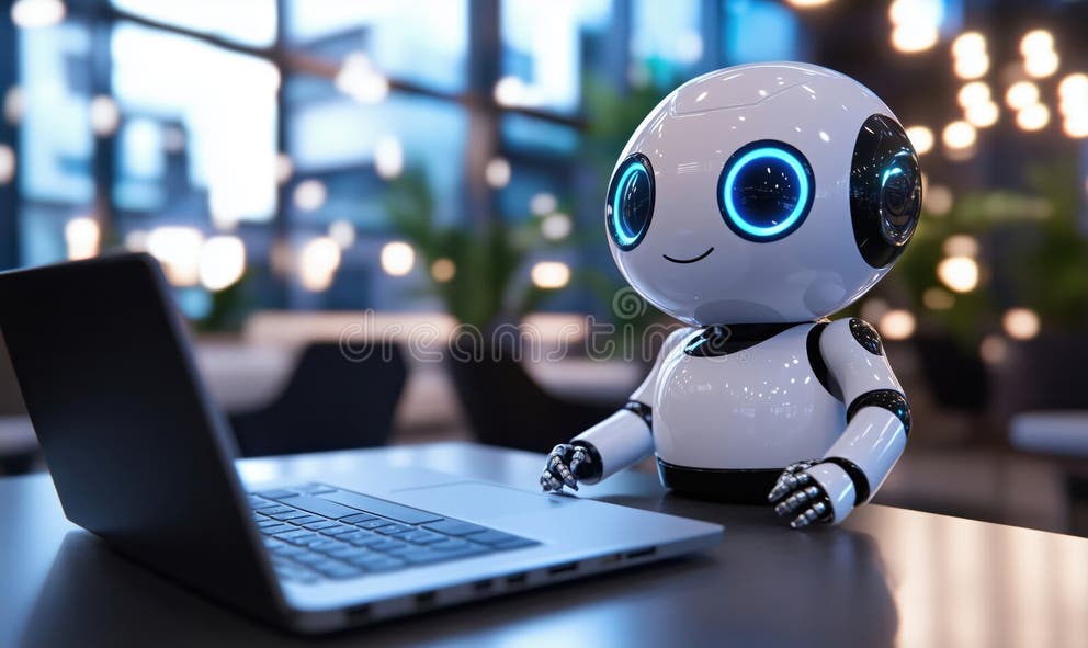 Cute Humanoid Robot Interacting with Laptop in Modern Workspace ...