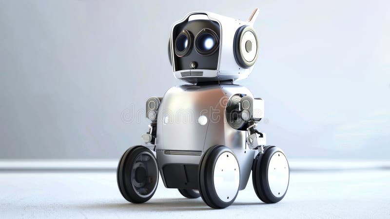 Cute Humanoid Robot with Large Eyes and Wheels on a White Background ...