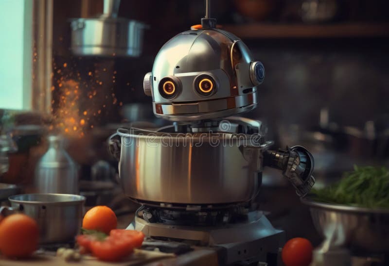 A Cute Humanoid Robot Preparing Food in a Kitchen. Ideal for ...