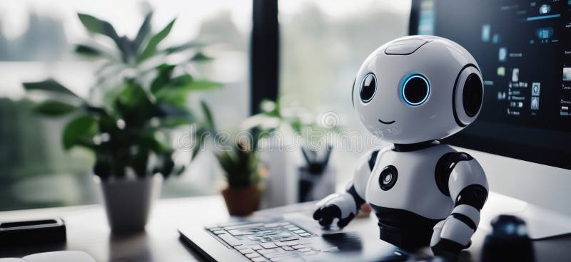 Cute Humanoid Robot Sitting on Desk in Modern Office Environment ...