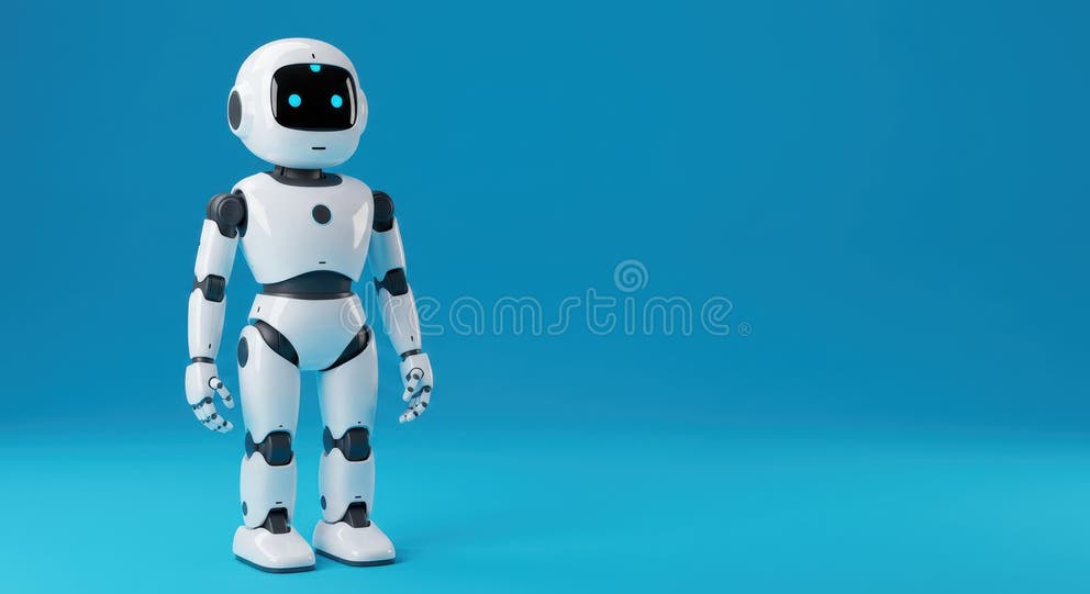 Cute Humanoid Robot Standing on a Blue Background in Futuristic Setting ...