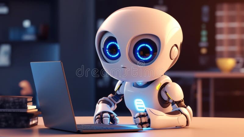 A Cute Humanoid Robot Works in an Office on a Computer Laptop. Stock ...
