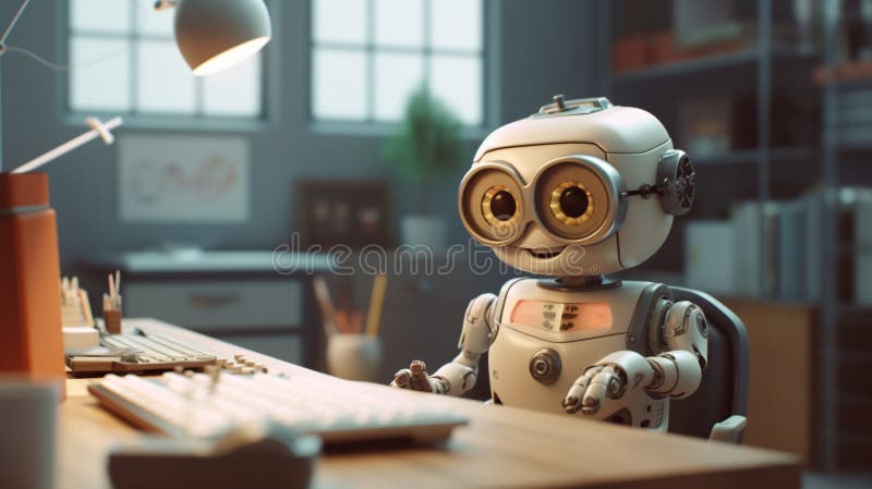A Cute Humanoid Robot Works in an Office on a Computer Laptop. Stock ...