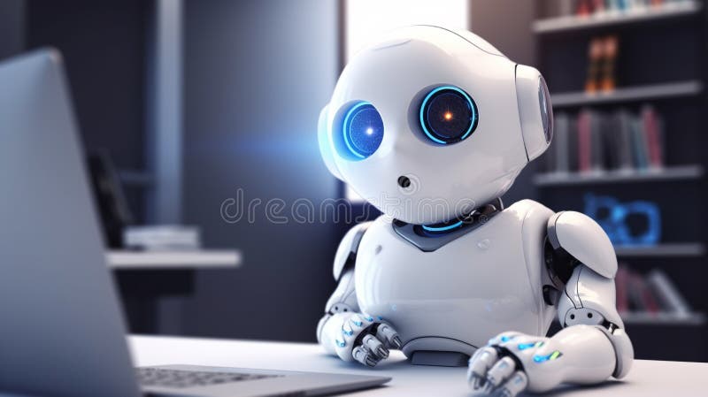 A Cute Humanoid Robot Works in an Office on a Computer Laptop. Stock ...