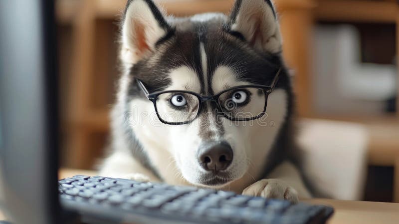 Cute Husky Dog Looking into Computer and Document Working in Glasses ...