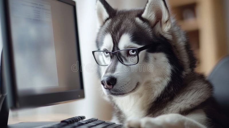Cute Husky Dog Looking into Computer and Document Working in Glasses ...