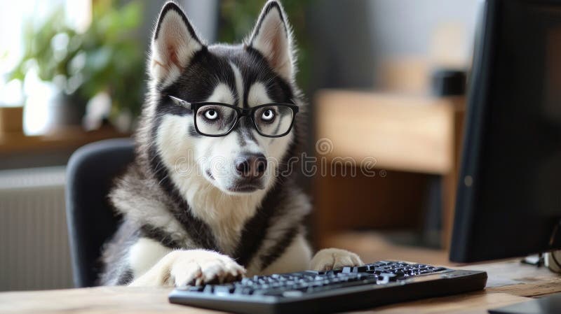 Cute Husky Dog Looking into Computer and Document Working in Glasses ...