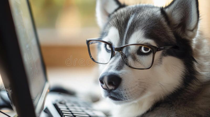 Cute Husky Dog Looking into Computer and Document Working in Glasses ...