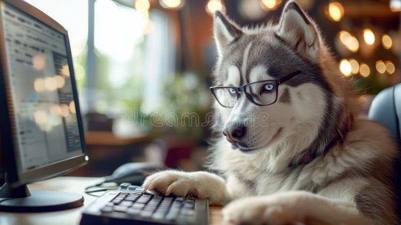 Cute Husky Dog Looking into Computer and Document Working in Glasses ...