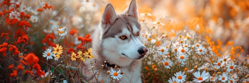 Cute Husky Dog Sitting among Various Flowers . Generative AI Stock ...