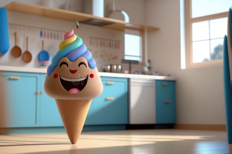 Cute Ice Cream Cone Sweet Smile at Kitchen, 3D Render Style. AI ...