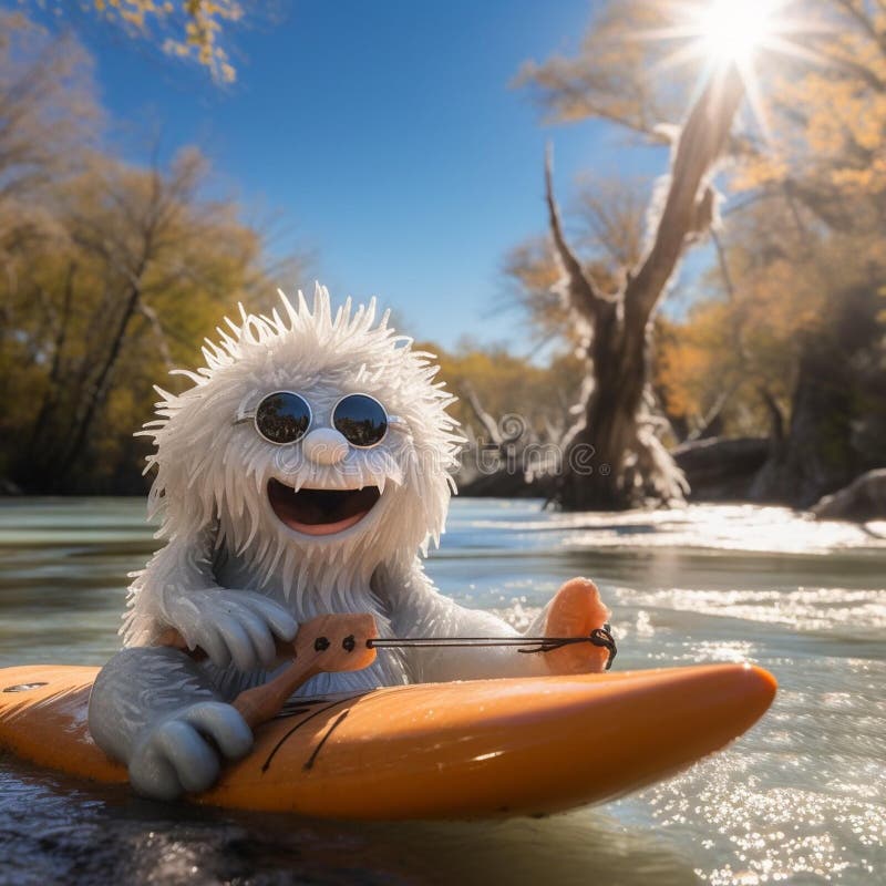 Cute Ice Monster in an Orange Kayak on a River, AI-generated. Stock ...