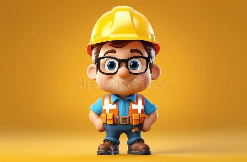 Cute Illustrated Construction Worker on Yellow Backdrop. Man in Builder ...
