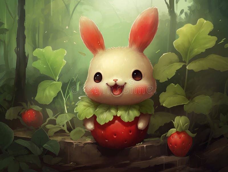 Bunny in strawberry patch stock illustration. Illustration of organic ...