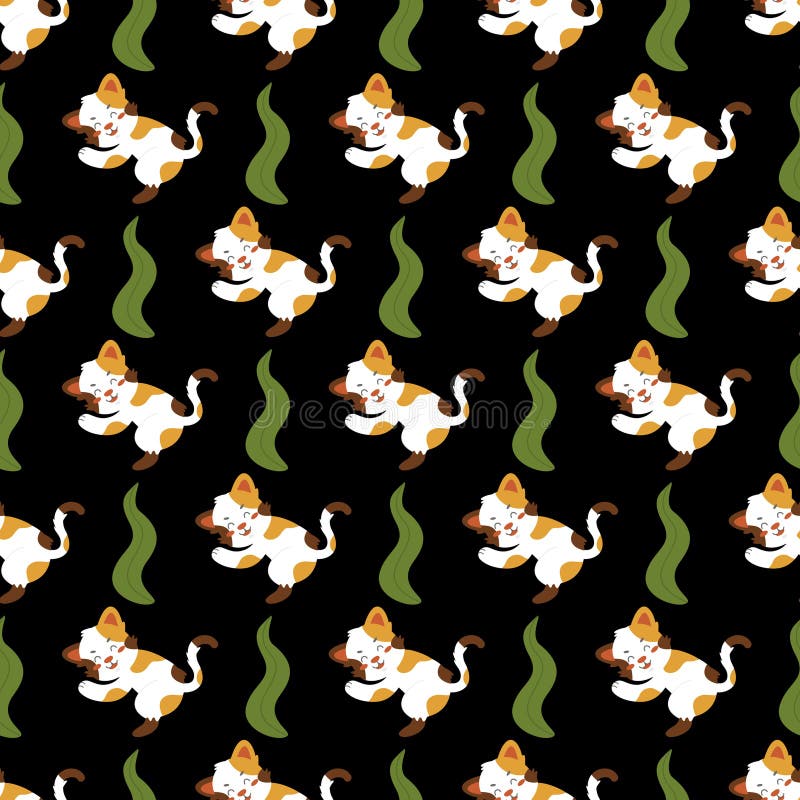 Seamless Pattern of Calico Cats and Green Leaves on a Black Background ...