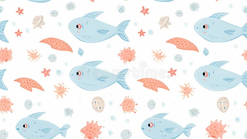 Cute Illustrated Pattern with Fish, Octopus, Algae, Shells. Hand-drawn Fish on a Pattern for ...
