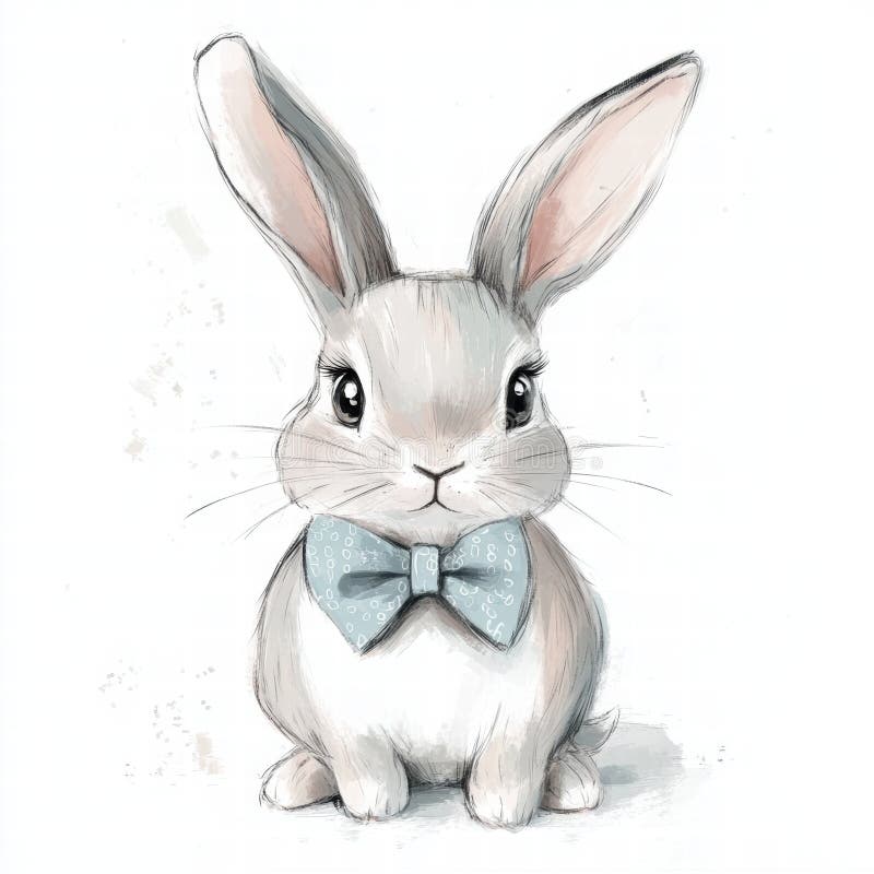 Cute Illustrated Rabbit Wearing a Blue Bow Tie with a Soft and Friendly ...
