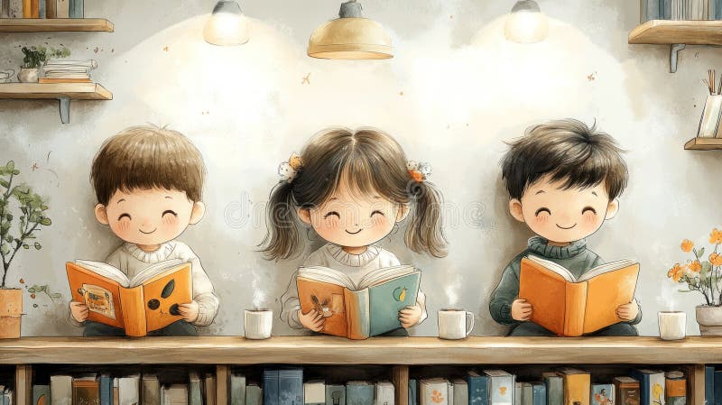 Cute Illustration of Children Reading Books in a Cozy Library Stock ...
