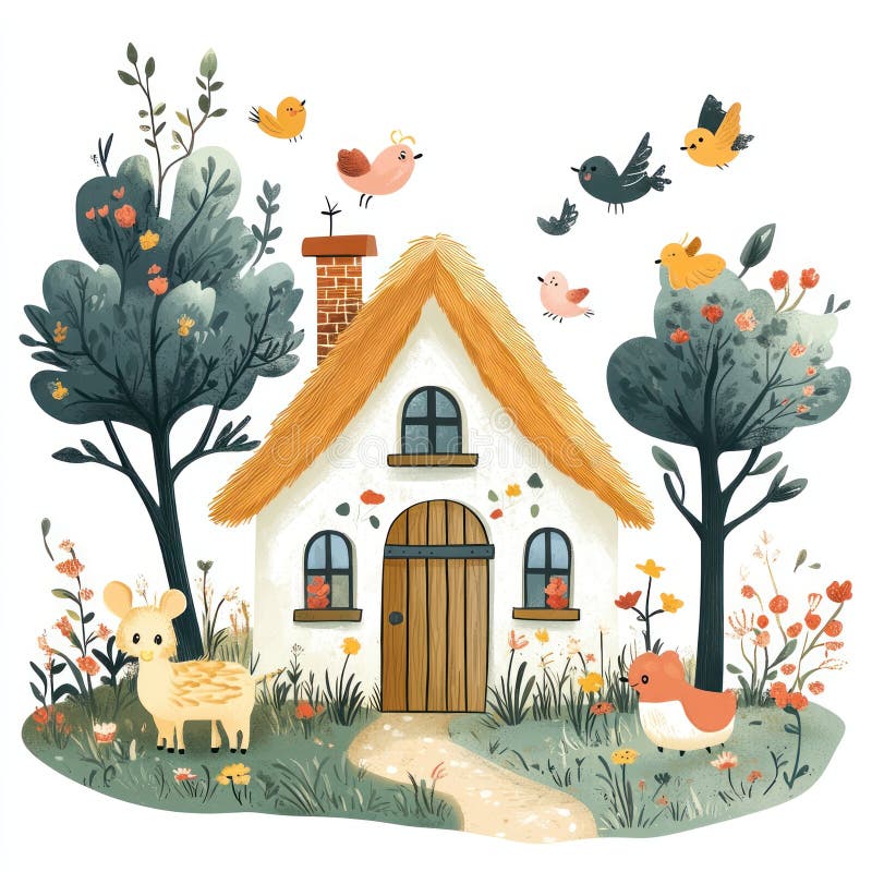 Cute Illustration of a Cottage with Birds and Animals Stock ...