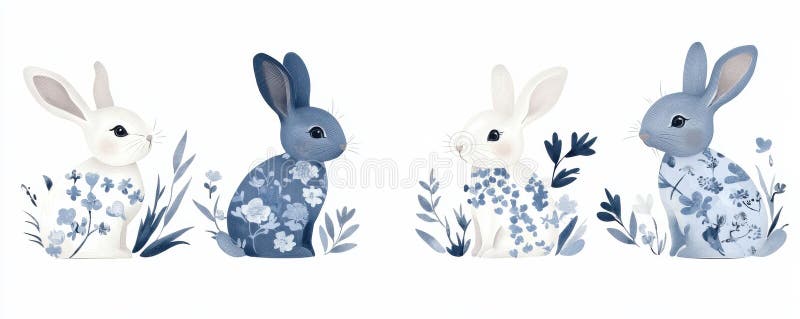 Cute Illustration of Four Stylized Rabbits with Floral Patterns Stock ...