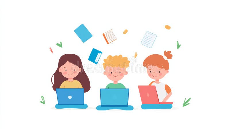 Cute Illustration of Kids Studying with Laptops and Books in a Creative ...