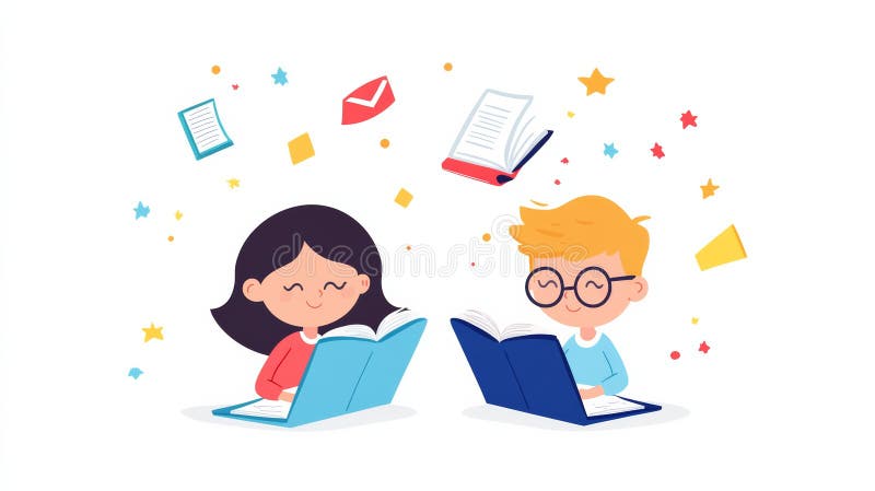 Cute Illustration of Kids Studying with Laptops and Books in a Creative ...