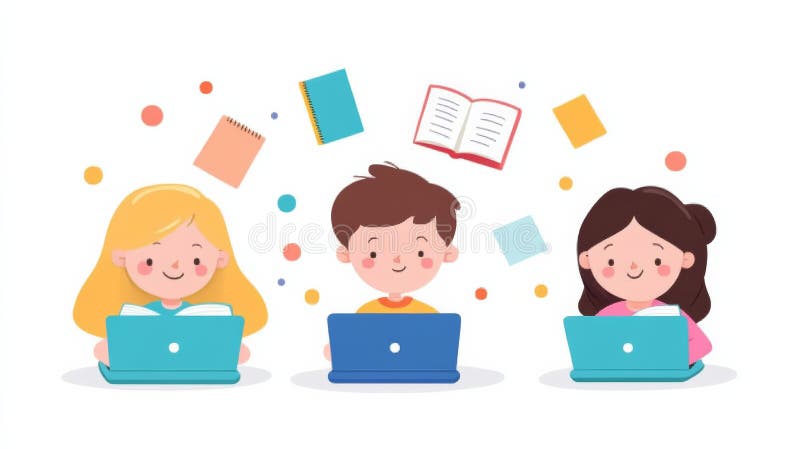 Cute Illustration of Kids Studying with Laptops and Books in a Creative ...