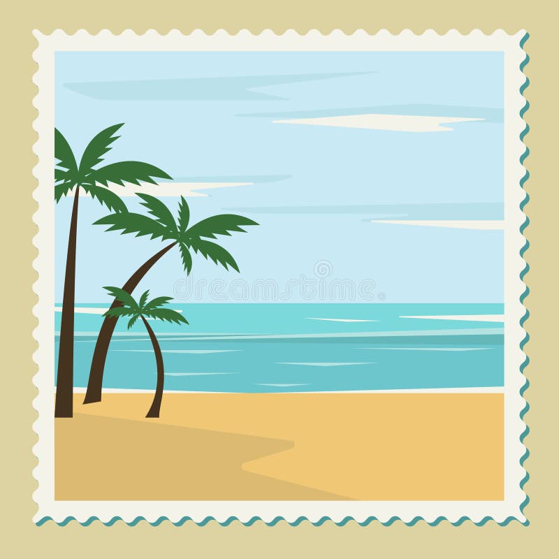 Vector Postage Stamp Depicting a Landscape, Relaxing by the Ocean Stock ...