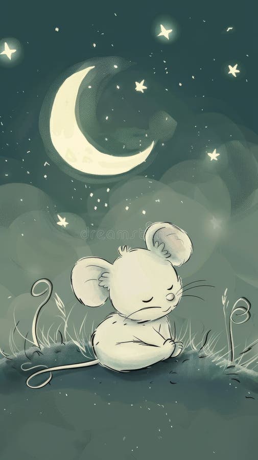 Adorable Cartoon Mouse Sleeping Under the Moon and Stars in a Dreamy ...
