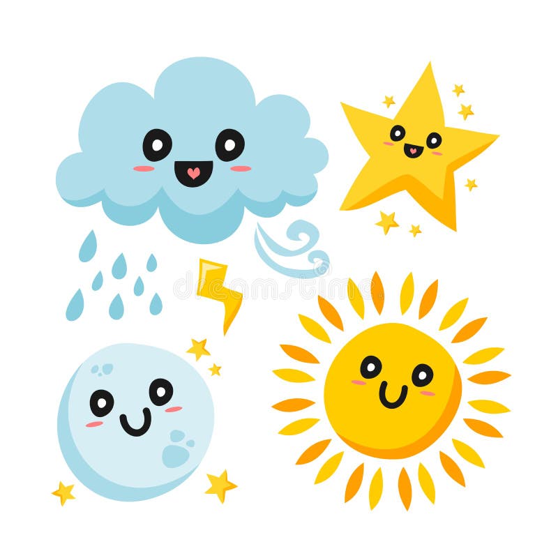 Cute Illustration of Sun, Moon, Star, Cloud and Moon. Vector Set with ...