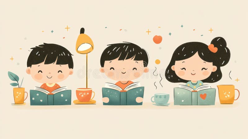 Three Kids Reading Books in a Garden Illustration Stock Illustration ...