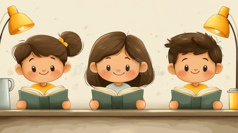 Three Kids Reading Books in a Garden Illustration Stock Illustration ...