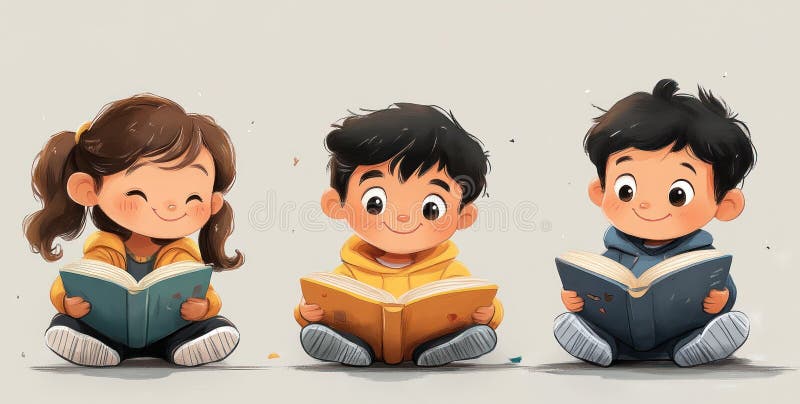 Three Kids Reading Books in a Garden Illustration Stock Illustration ...