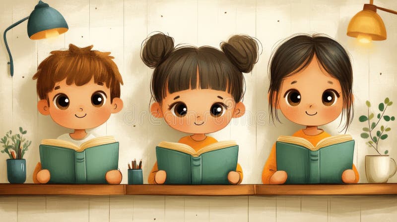 Cute Illustration of Three Children Reading Books on a Shelf Stock ...