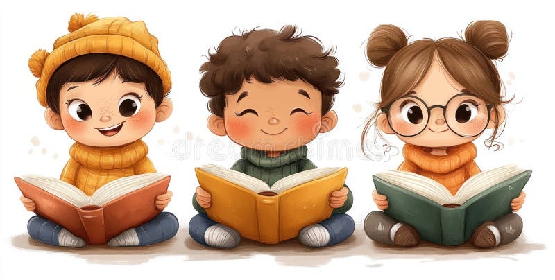 Cute Illustration of Three Kids Reading Books Together Stock ...