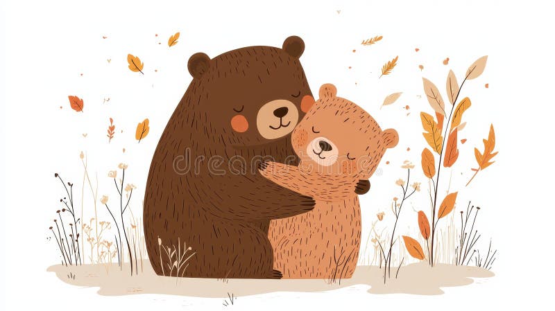 Cute Illustration of Two Bears Hugging Surrounded by Autumn Leaves and ...